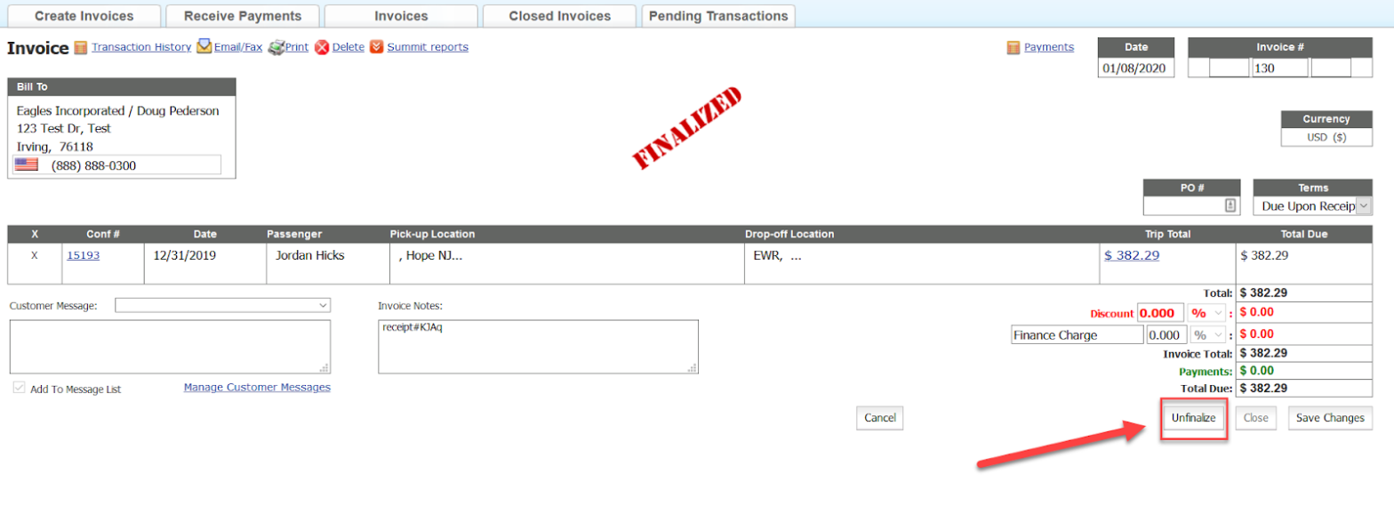 How to Finalize/Unfinalize an Invoice – Limo Anywhere Knowledge Center